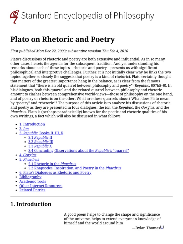 Plato On Rhetoric and Poetry (Stanford Encyclopedia of Philosophy ...