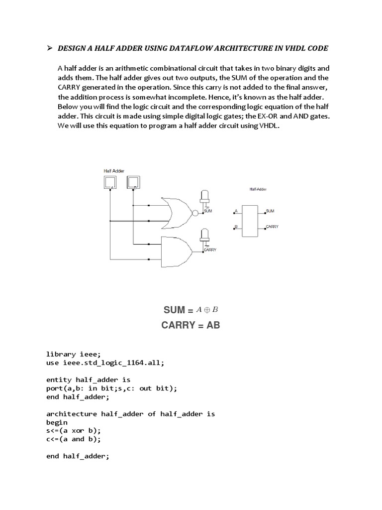 Design A Half Adder Using Dataflow Architecture in VHDL Code (Autorecovered) | PDF | Logic Gate ...