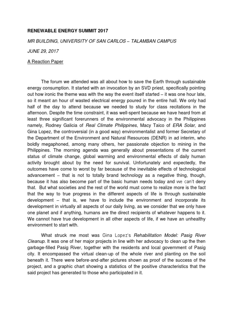 Renewable Energy Reaction Paper | PDF | Sustainability | Natural ...