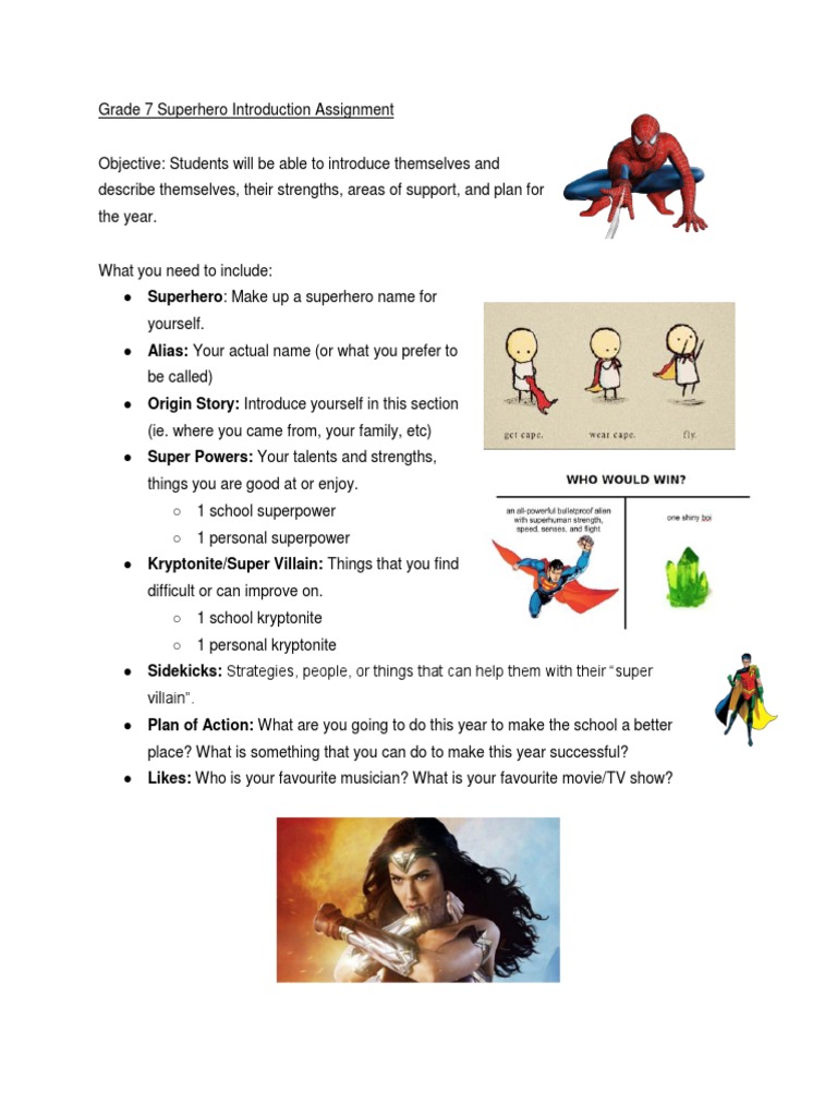 Grade 7 Superhero Introduction Assignment | PDF