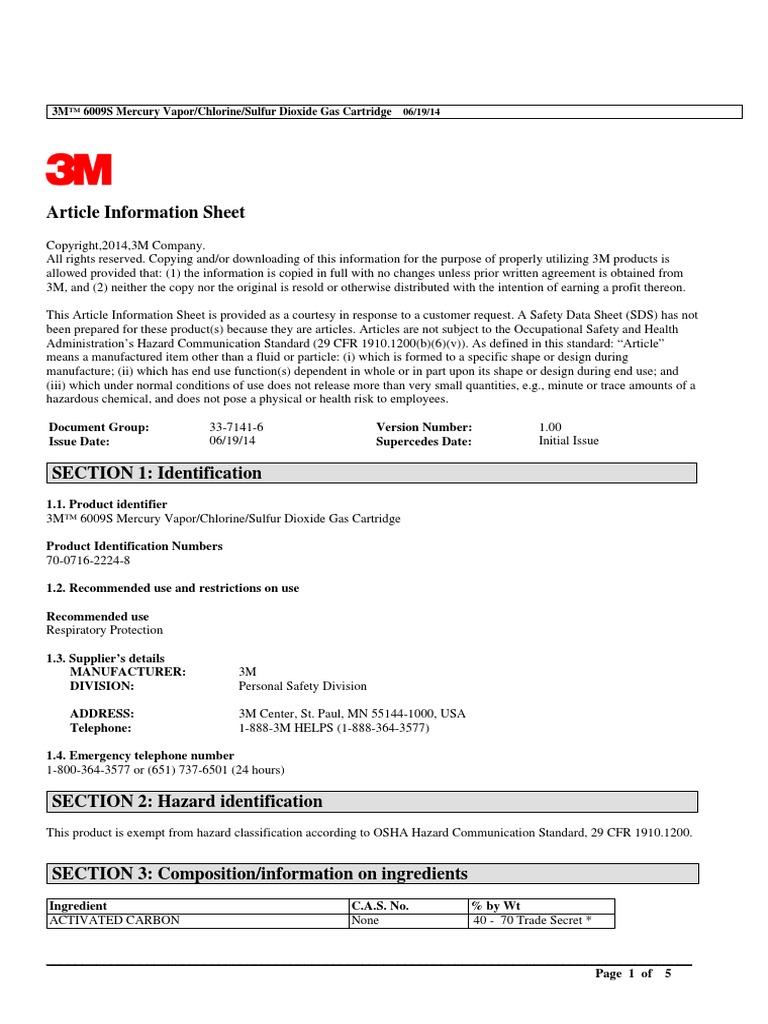 3M 6009s | PDF | Volatile Organic Compound | Hazards