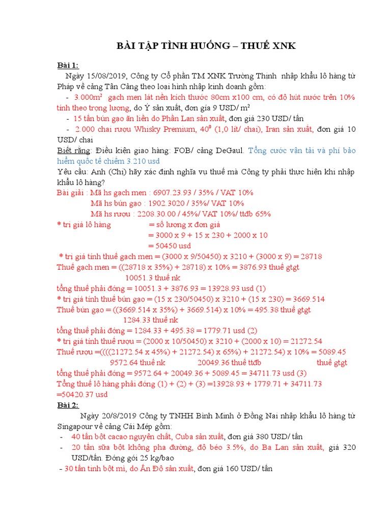 Bài Tap Thue XNK Gui SV | PDF