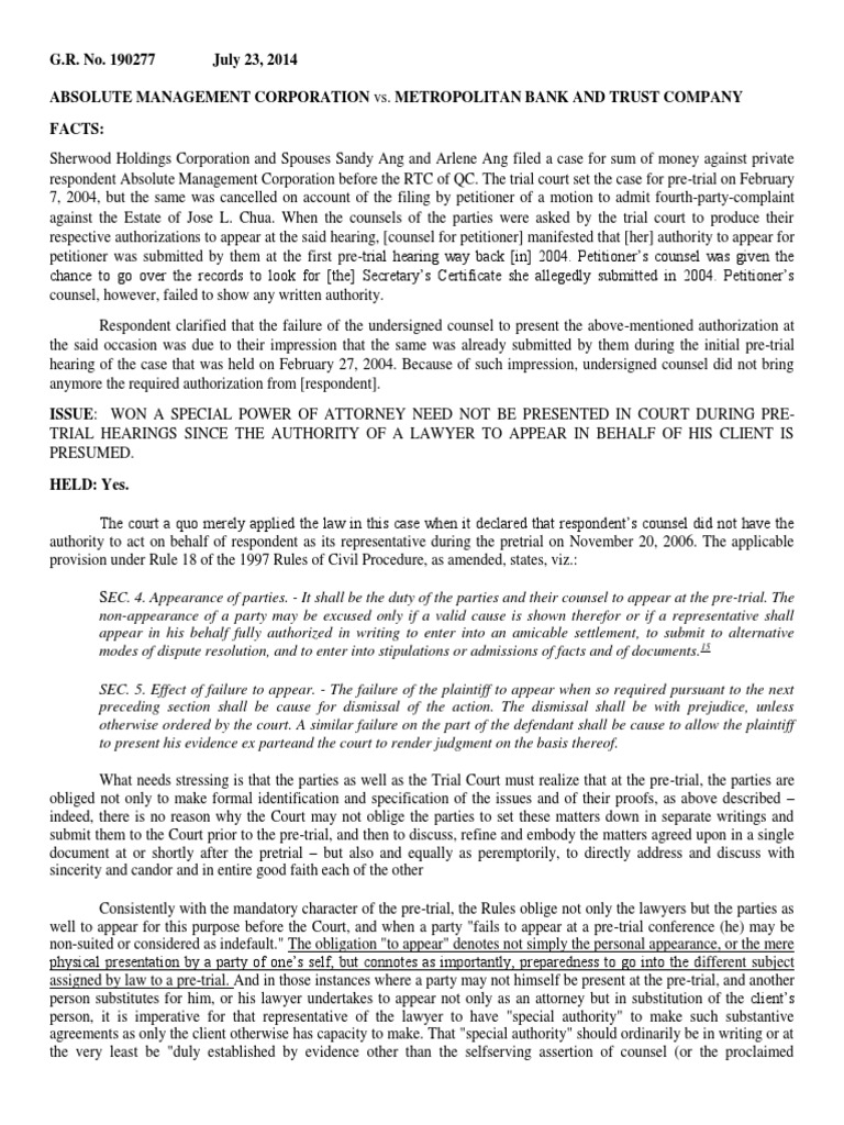 Absolute Management Corporation vs. Metropolitan Bank | PDF ...