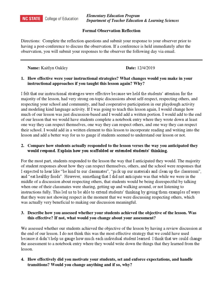 Formal Observation Reflection | PDF | Pedagogy | Teaching