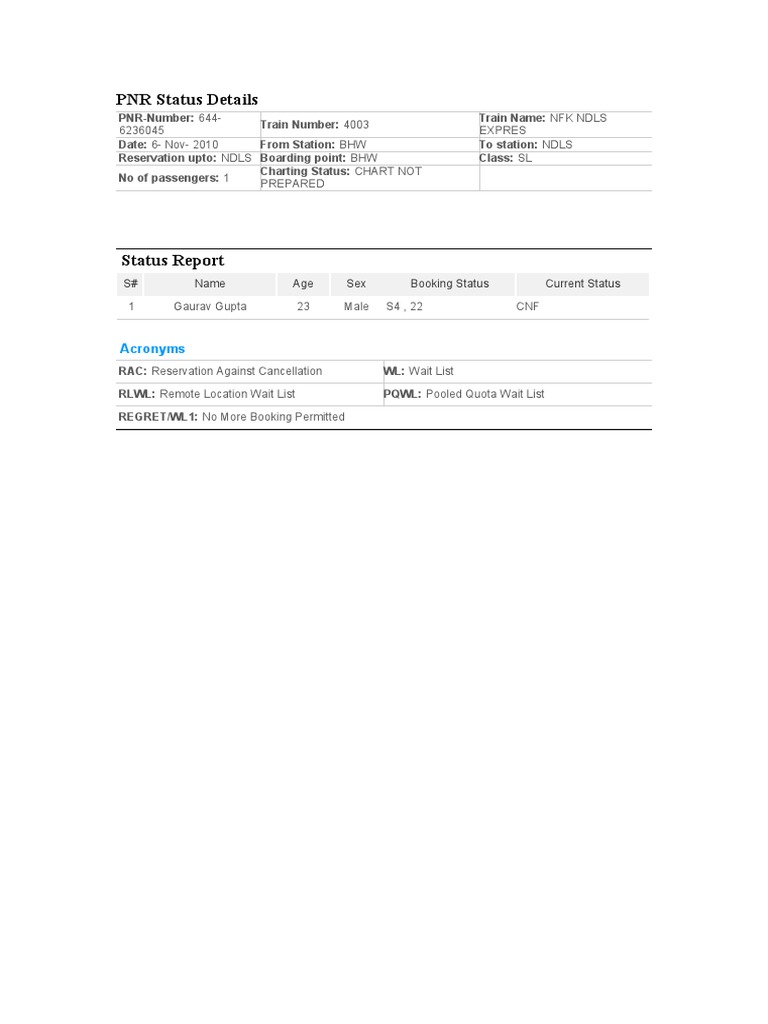 PNR Status Details | PDF