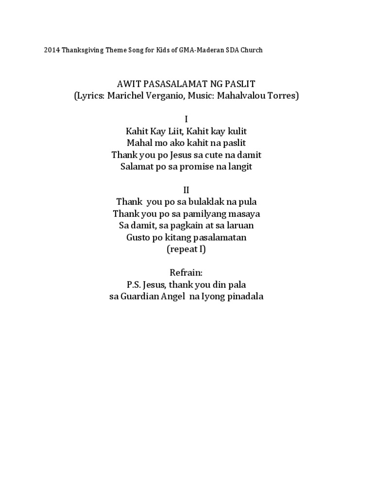 Awit Pasasalamat NG Paslit | PDF