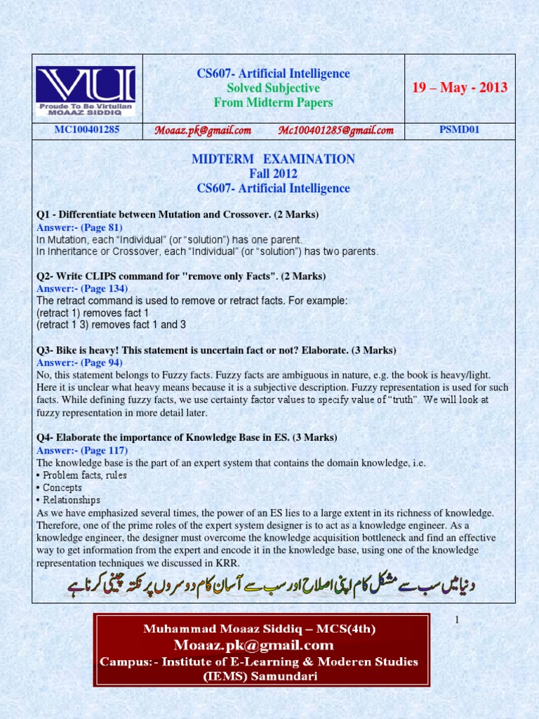CS607 - Midterm Solved Subjective With References by Moaaz PDF | PDF | Knowledge Representation ...