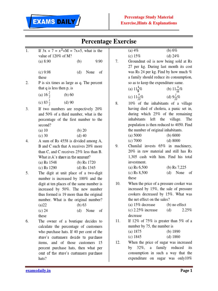 Percentage Problems: Exercises & Solutions | PDF | Percentage | Income