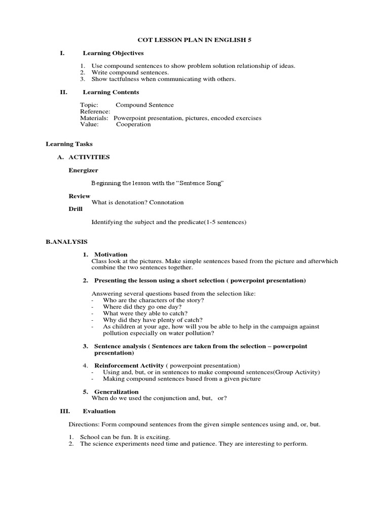 Grade 5 COT Lesson Plan: Compound Sentences | PDF | Lesson Plan ...