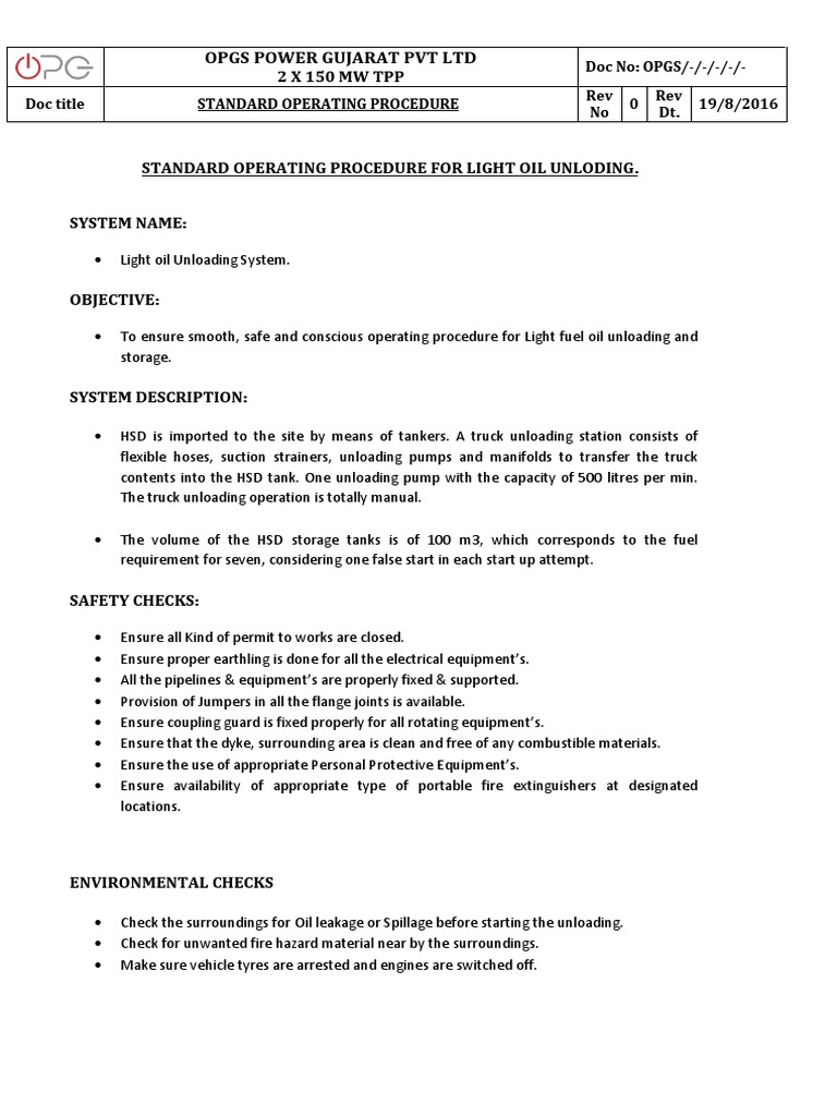 SOP For HSD Unloading | PDF | Truck | Fuel Oil