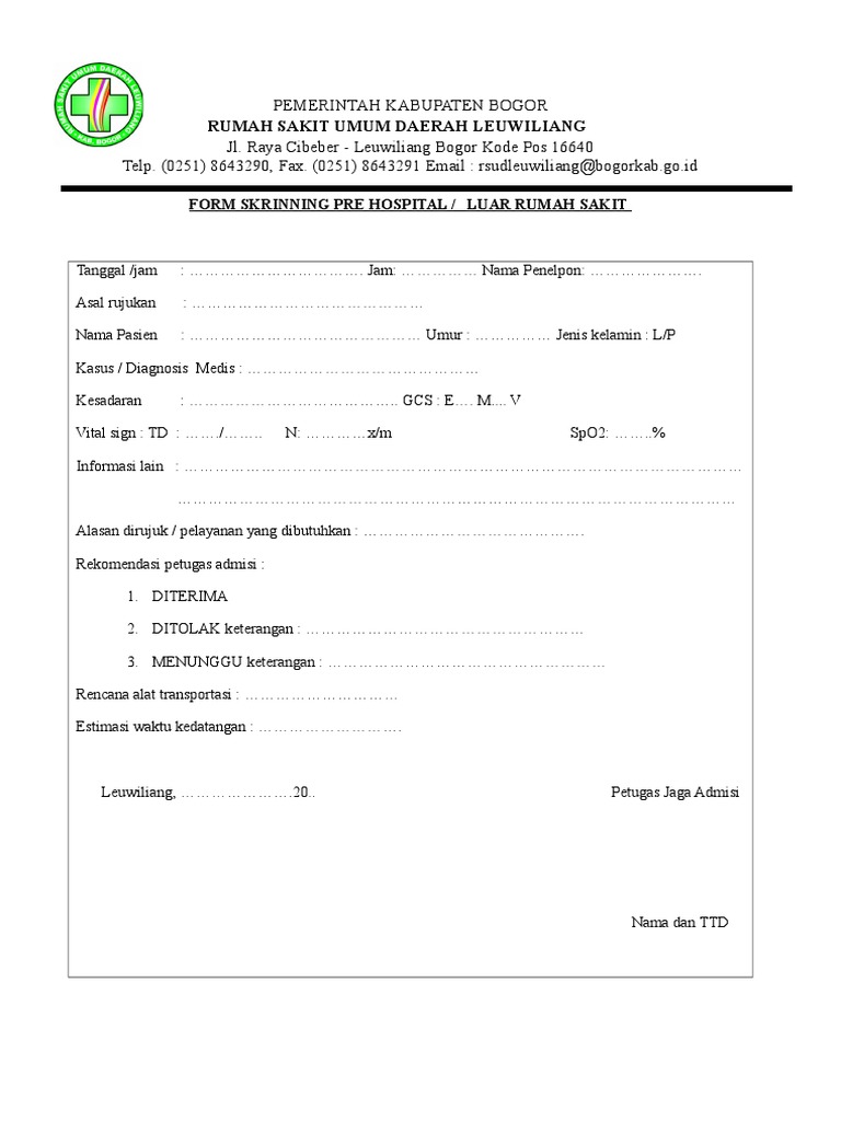 Form Skrining Pre Hospital Atau Luar Rs | PDF | Sains & Matematika