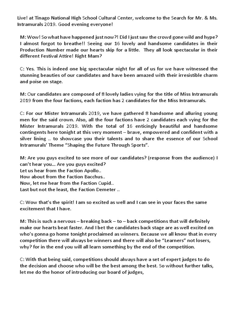 MR.& Ms. Intramurals Pageant - Host Script | PDF | Clothing