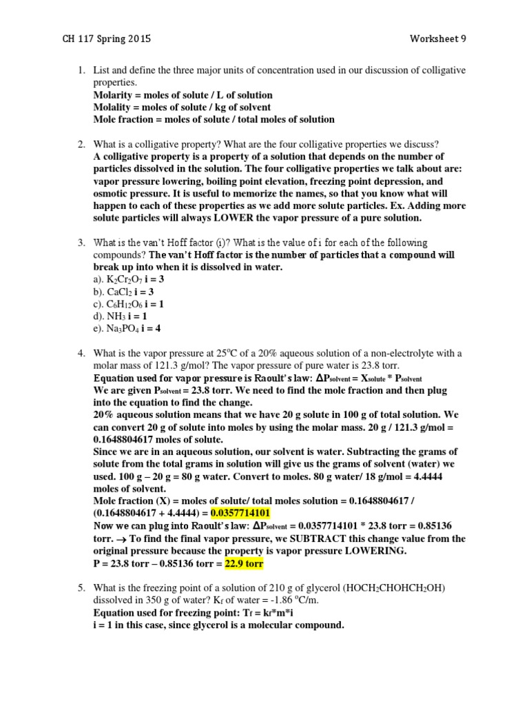 Worksheet 9 117 Answers | PDF | Physical Chemistry | Chemistry