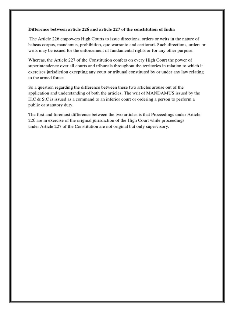 Difference Between Article 226 and Article 227 of The Constitution of ...