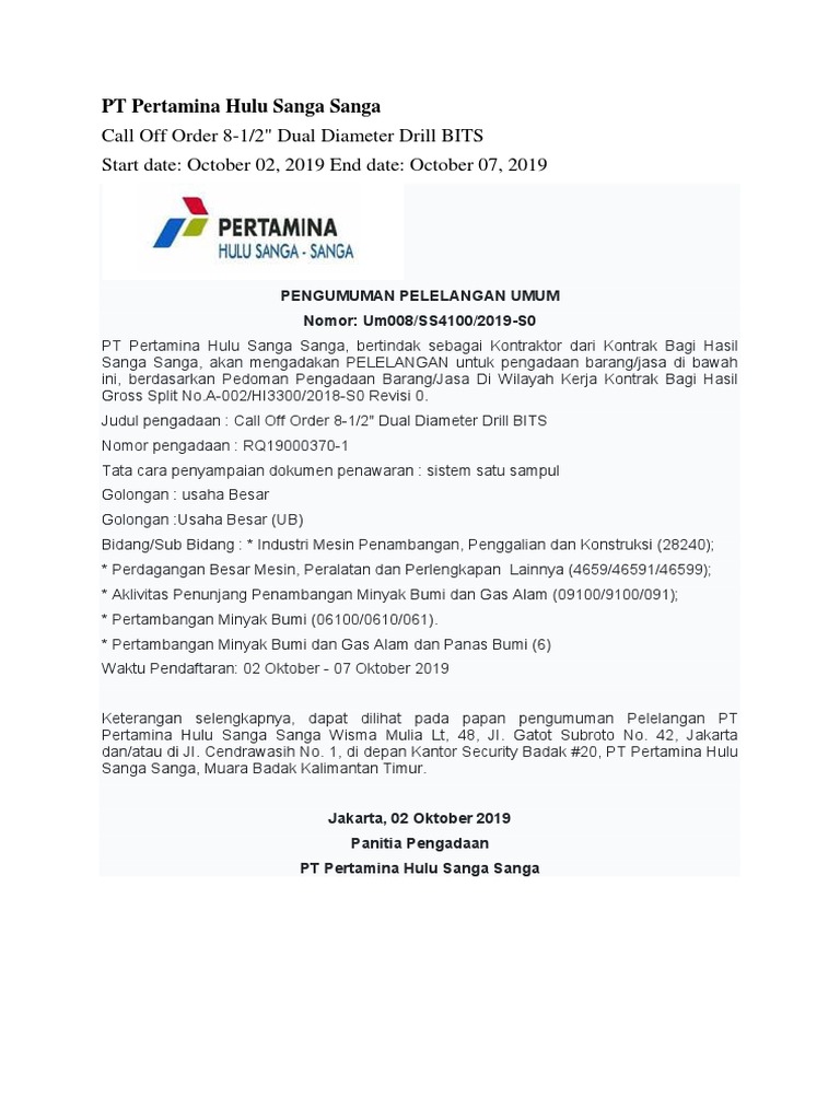 Pelelangan Call Off Order Drill BITS | PDF