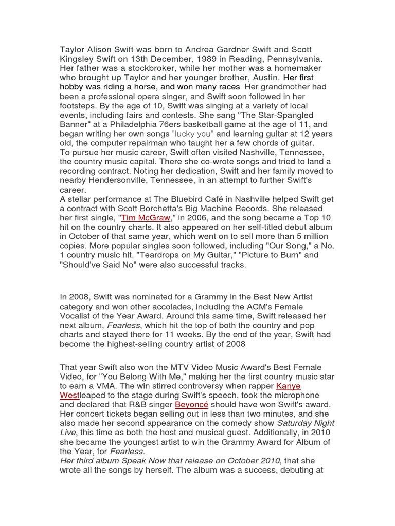 Taylor Swift Biography | Download Free PDF | Taylor Swift | Music Industry