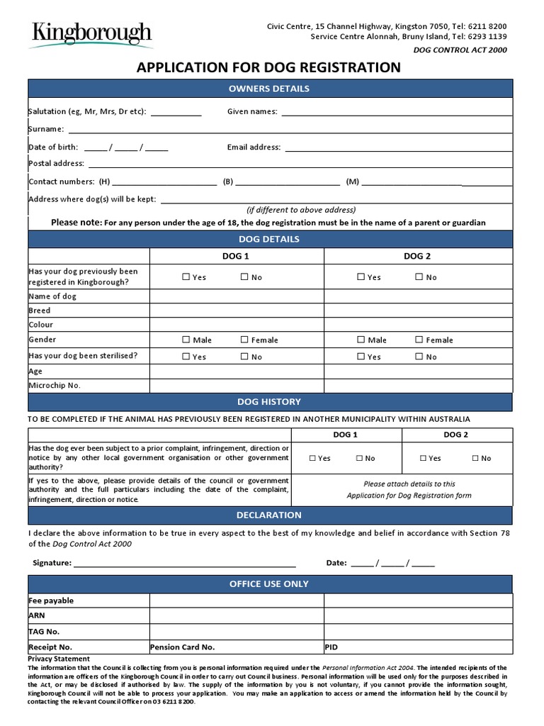 Kingborough Dog Registration Application | PDF | Obedience Training | Dogs