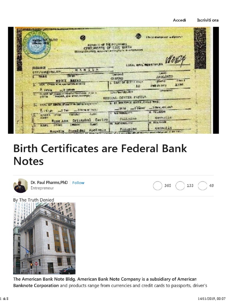 Birth Certificates Are Federal Bank Notes | PDF