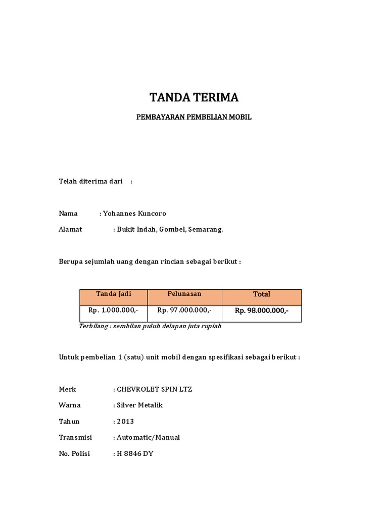 Tanda Terima Jual Beli Mobil | PDF