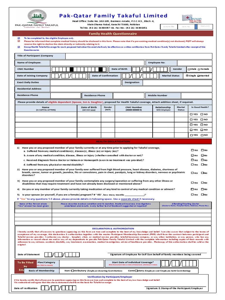 Pak-Qatar Family Takaful Health Form | PDF | Physician | Marriage