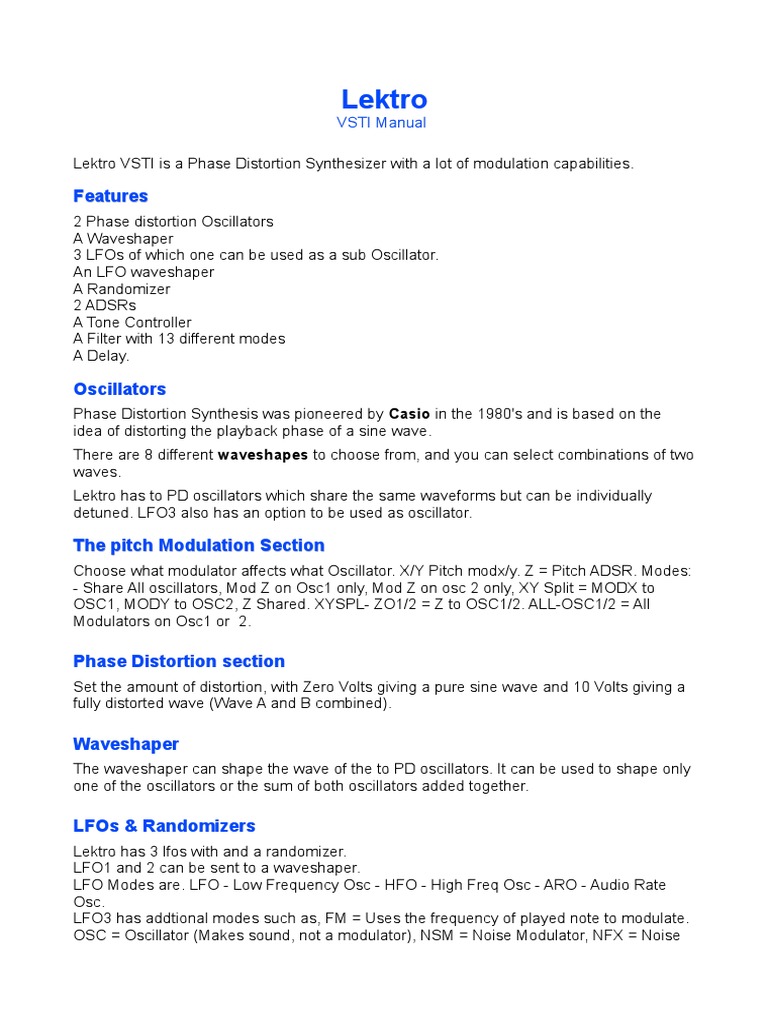 Lektro Manual | PDF | Synthesizer | Electronics