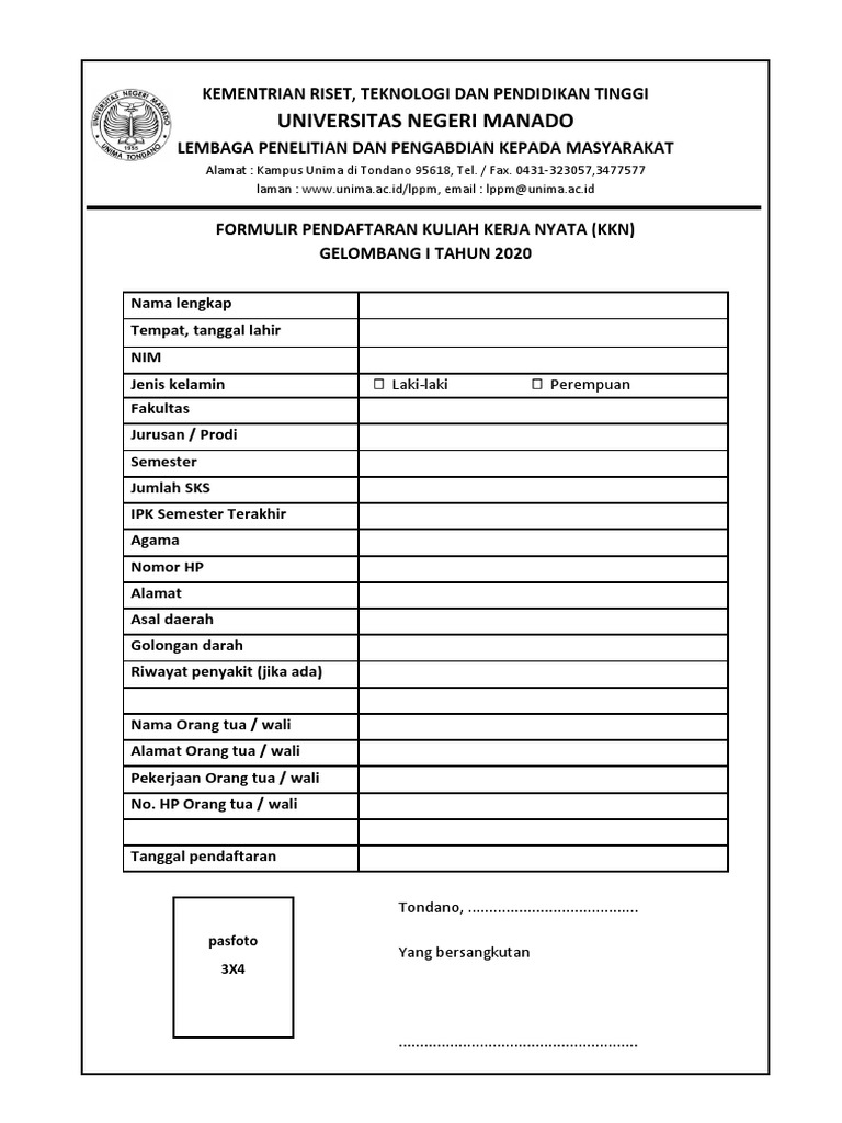 Formulir Pendaftaran KKN N | PDF