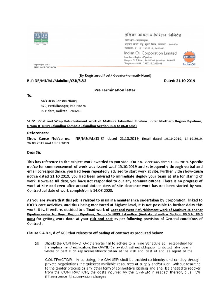 Pre Termination Letter | PDF | Business Law | Private Law