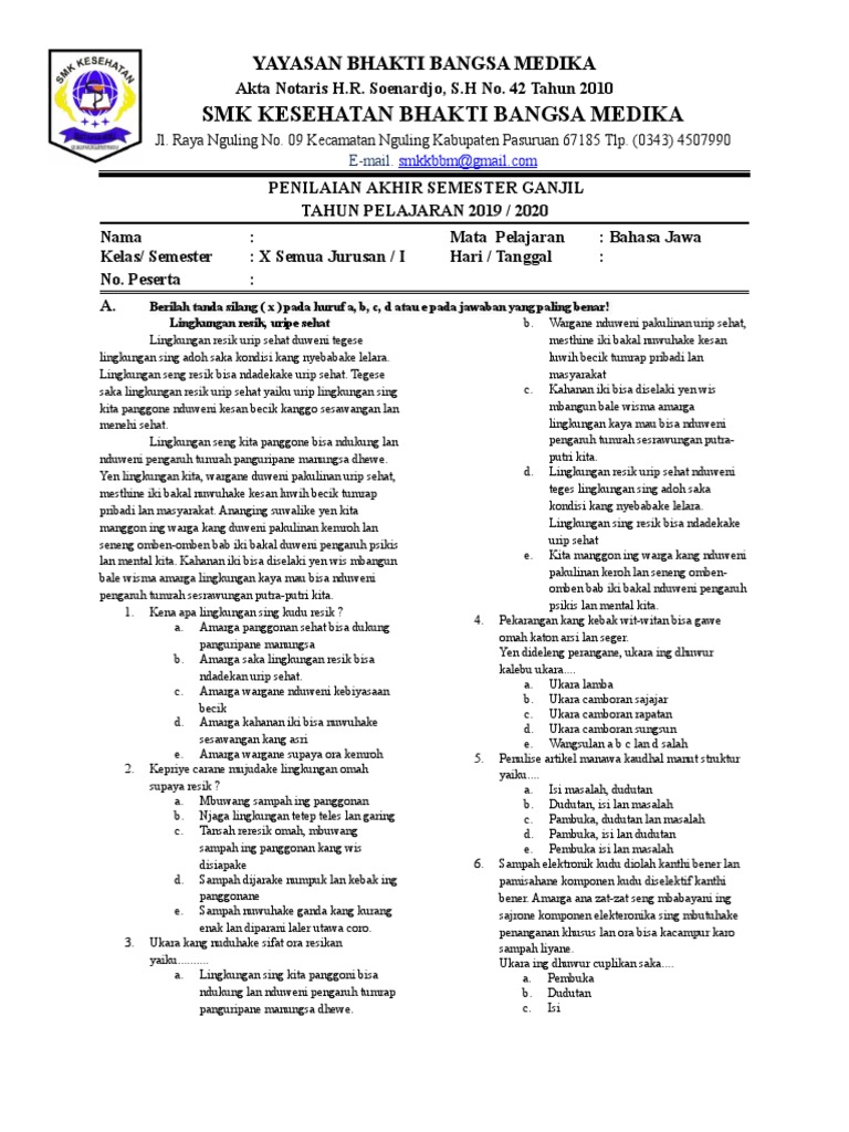 Format Soal UTS Bahasa Jawa Kelas X | PDF