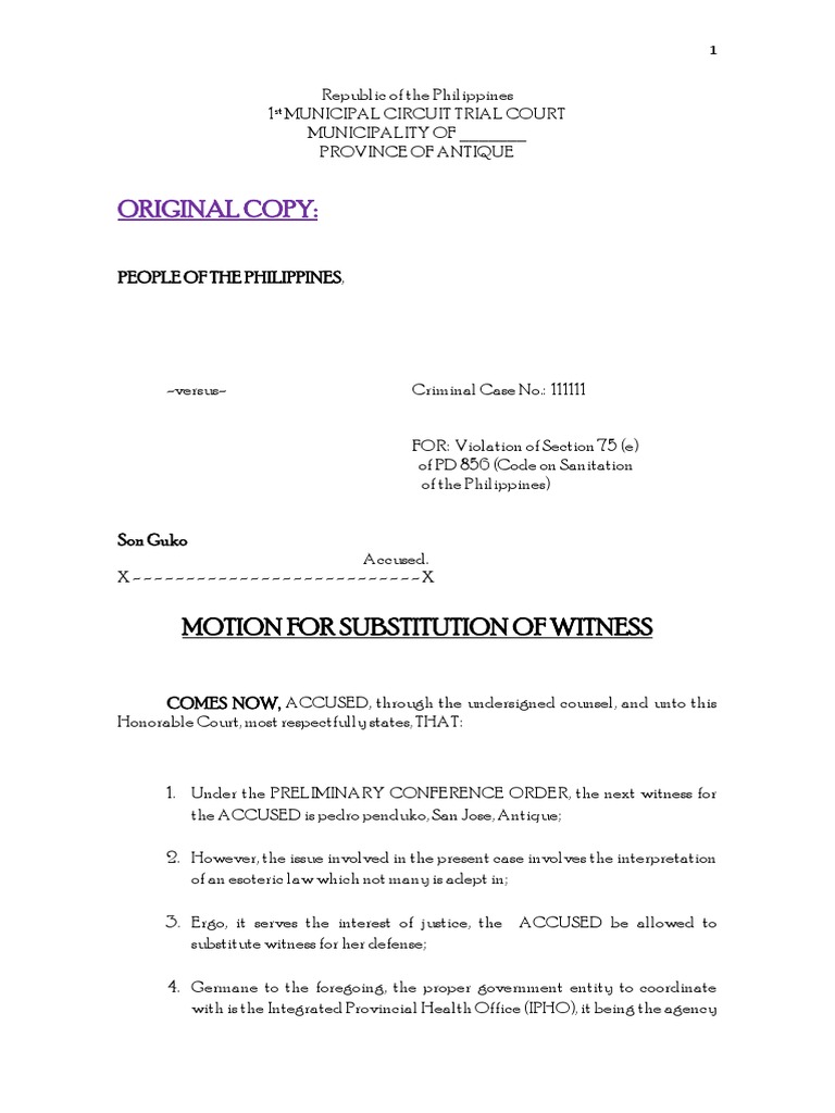 Motion For Substitution of Witness | PDF | Courts | Public Law