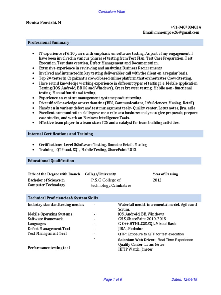 Monica Resume | PDF | Software Testing | Mobile App