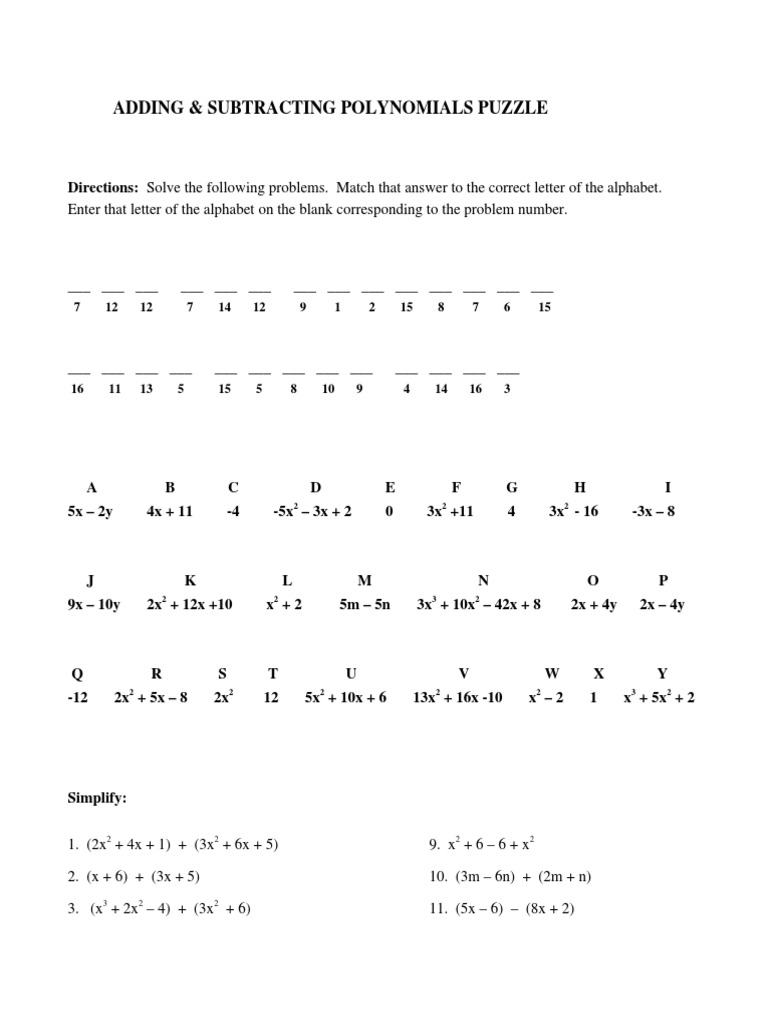 Add Subtract Polynomial Puzzle | PDF