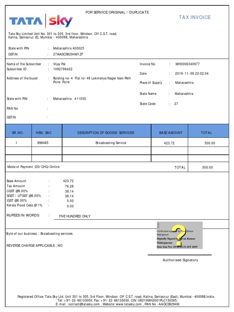 Tata Sky Service Invoice | PDF | Business