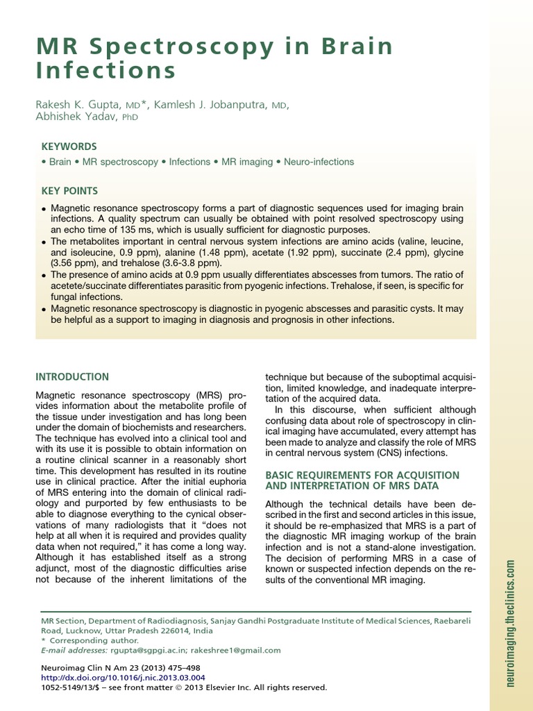 MR Spectroscopy in Brain Infections PDF | PDF | Tuberculosis | Meningitis
