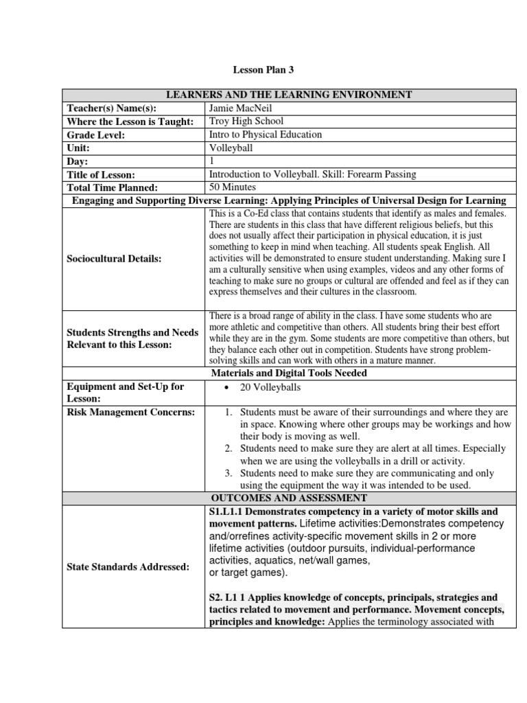 Lesson Plan 3 Volleyball Troy | PDF | Lesson Plan | Differentiated ...