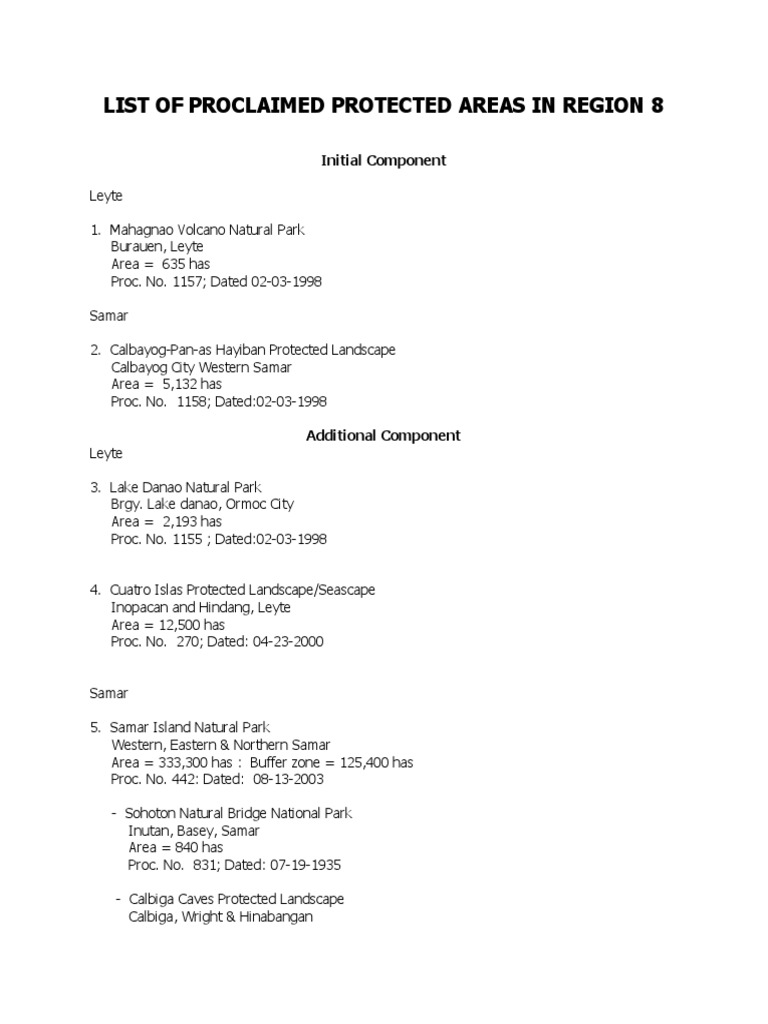 List of Proclaimed Protected Areas in Region 8 | PDF | Environmental ...