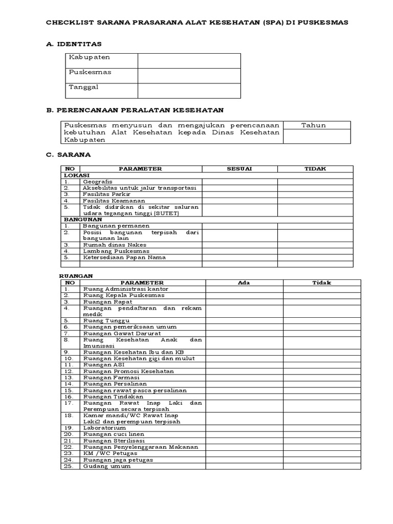 Checklist Sarana Prasarana Alat Kesehatan | PDF