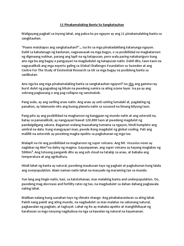 11 Pinakamalaking Banta Sa Sangkatauhan | PDF