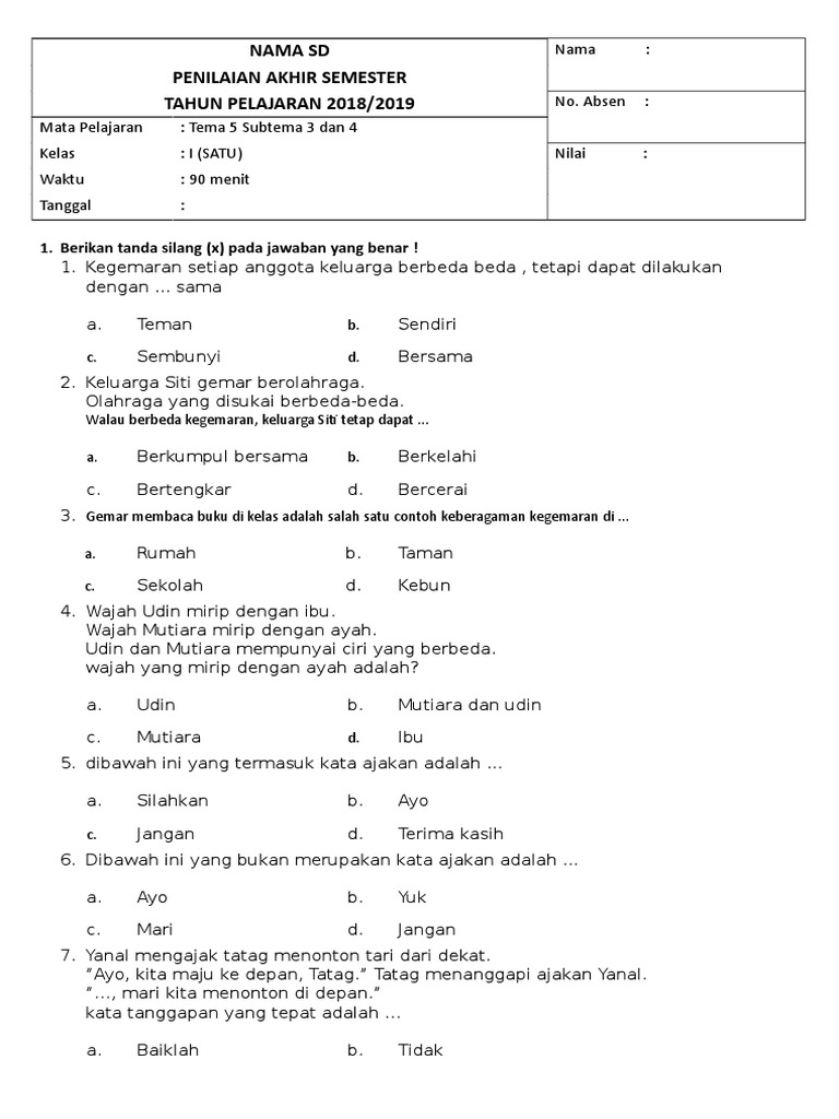 PTS KELAS 1 (Tema 5 Subtema 3 Dan 4) | PDF
