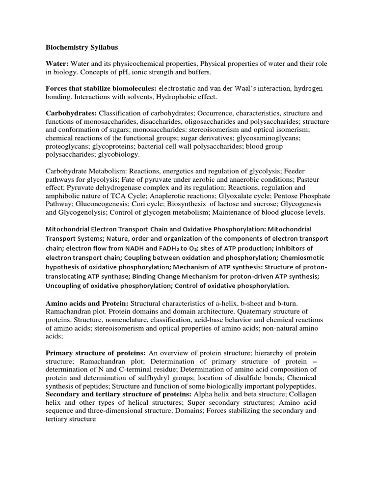 Biochemistry Syllabus | PDF | Biomolecular Structure | Carbohydrates