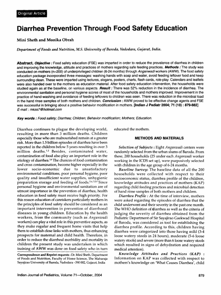 Diarrhea Prevention Through Food Safety Education | PDF | Diarrhea ...