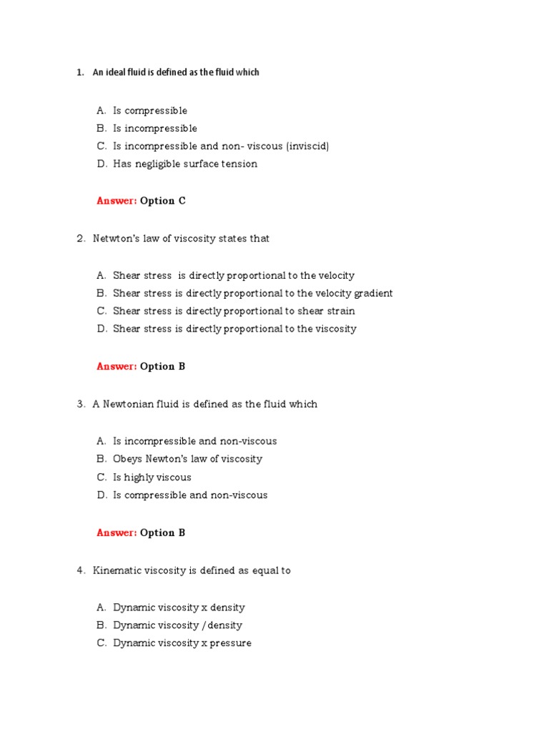 Fluid Mechanics Q&A Guide | PDF | Fluid Dynamics | Viscosity