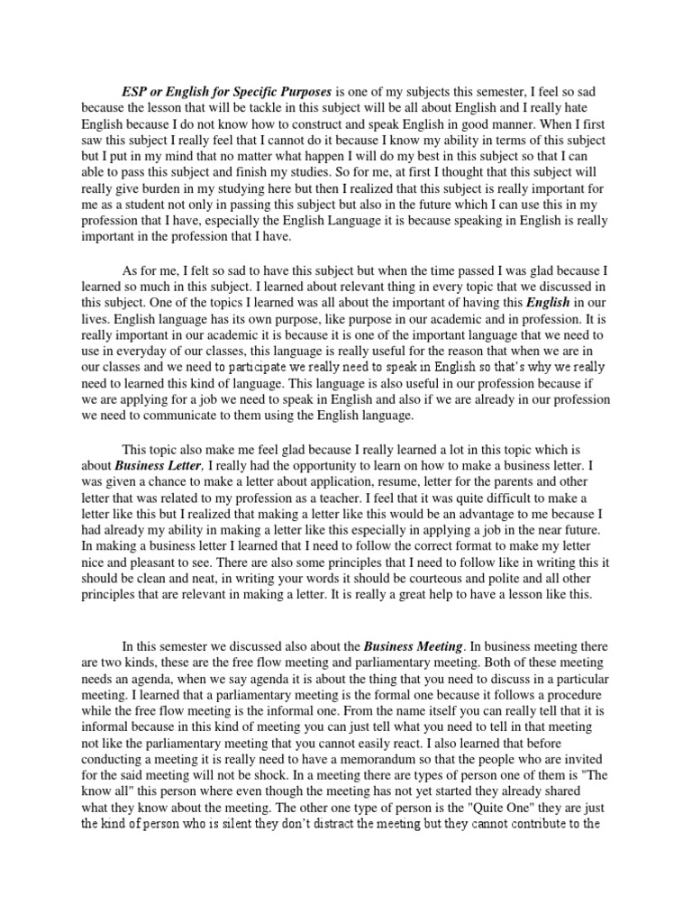 ESP or English For Specific Purposes Reflection | PDF | Lesson Plan ...