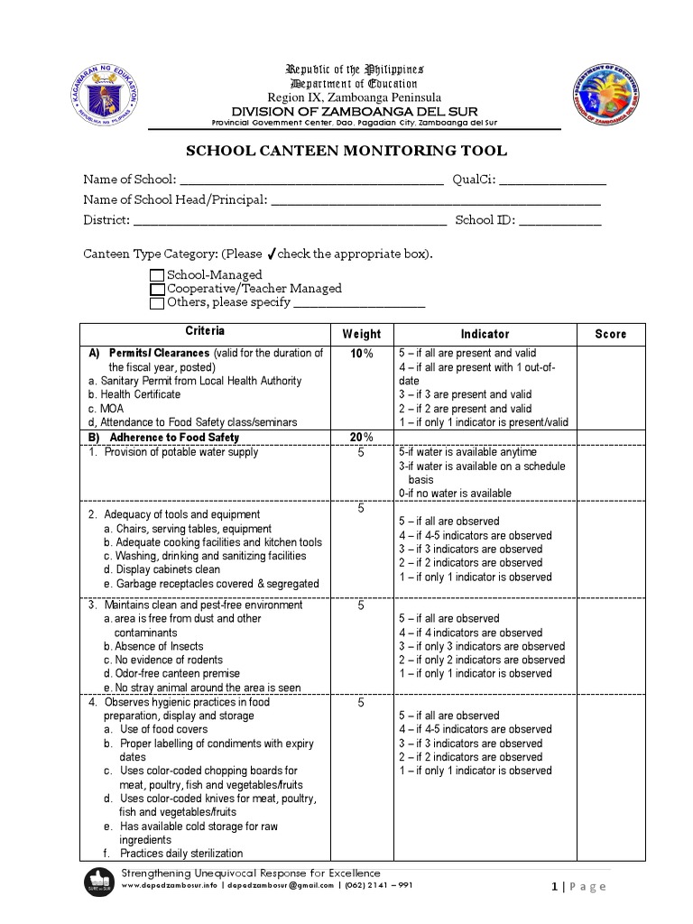 School Canteen Evaluation Tool | PDF | Drinking Water | Foods