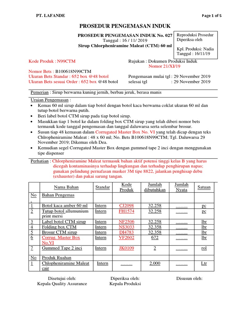 Dokumen Pengemasan Induk | PDF
