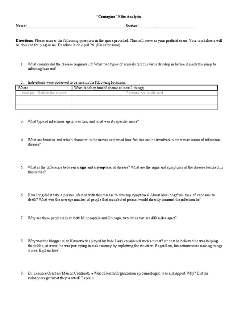 Contagion Film Analysis Questions | PDF | Infection | Microbiology
