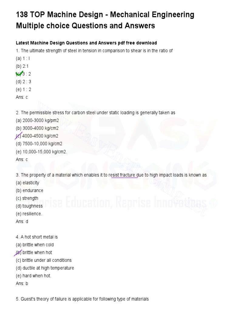 Machine Design MCQs PDF | PDF | Nut (Hardware) | Strength Of Materials