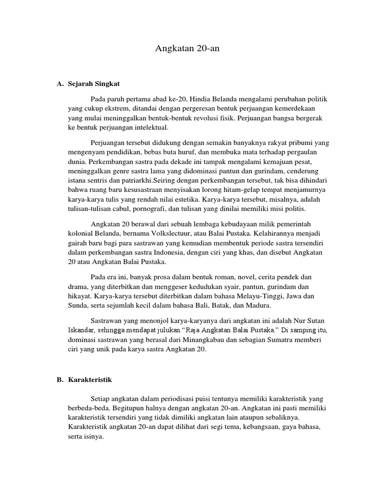 Sastra Angkatan 20: Sejarah dan Tokoh | PDF