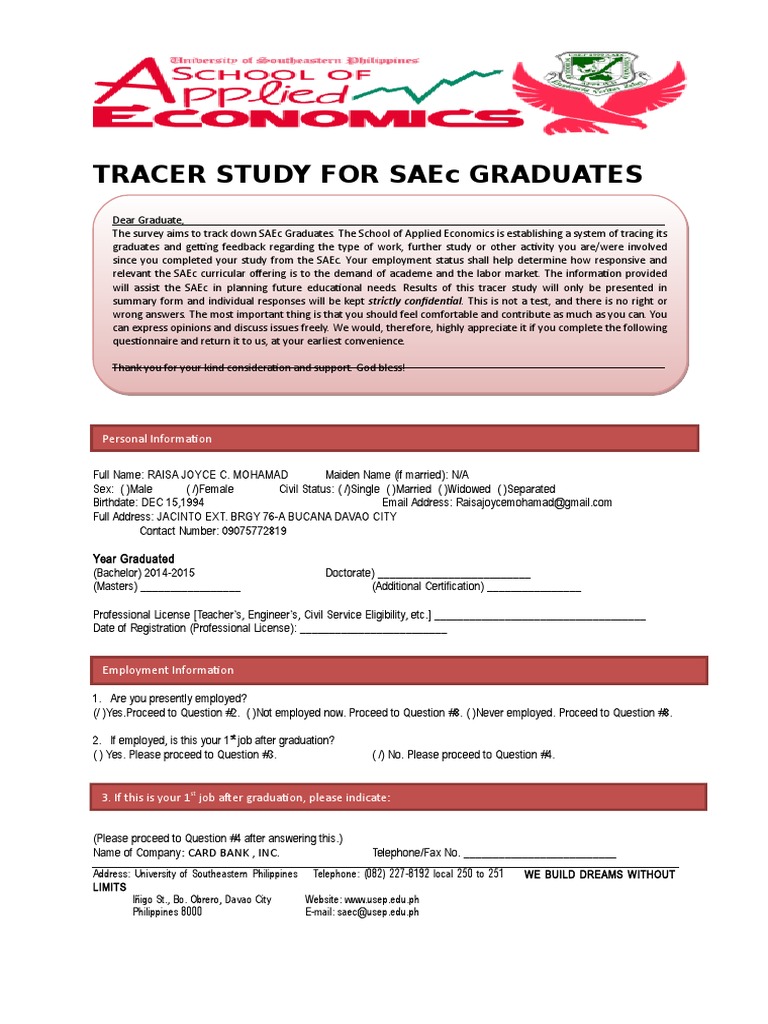 SAEc Tracer Questionnaire FULL | PDF | Employment | Behavior Modification