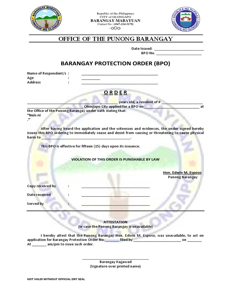Barangay Protection Order (Bpo) | PDF | Common Law | Social Institutions