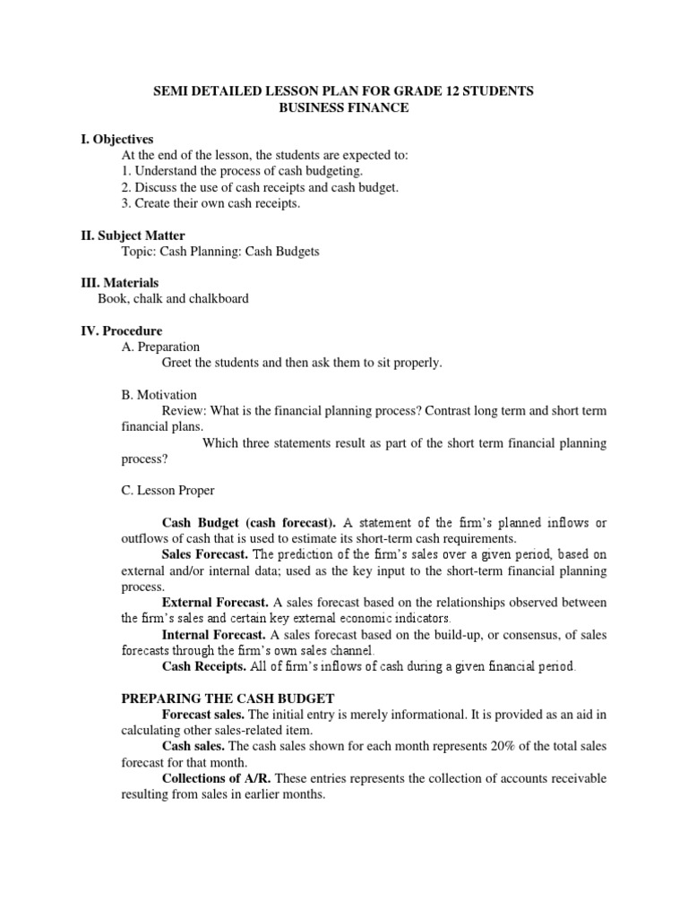 Semi Detailed Lesson Plan For Grade 12 Students | PDF | Financial Plan ...